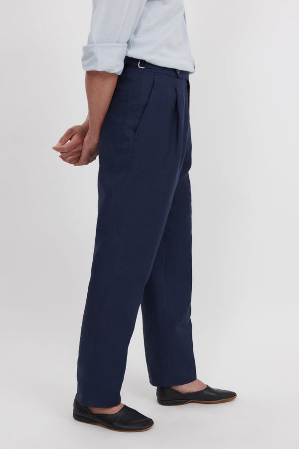 Single Pleat Trouser (Indigo Washed Linen) - Stoffa
