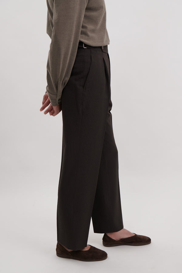 Single Pleat Trouser (Chocolate Wool Seersucker) - Stoffa